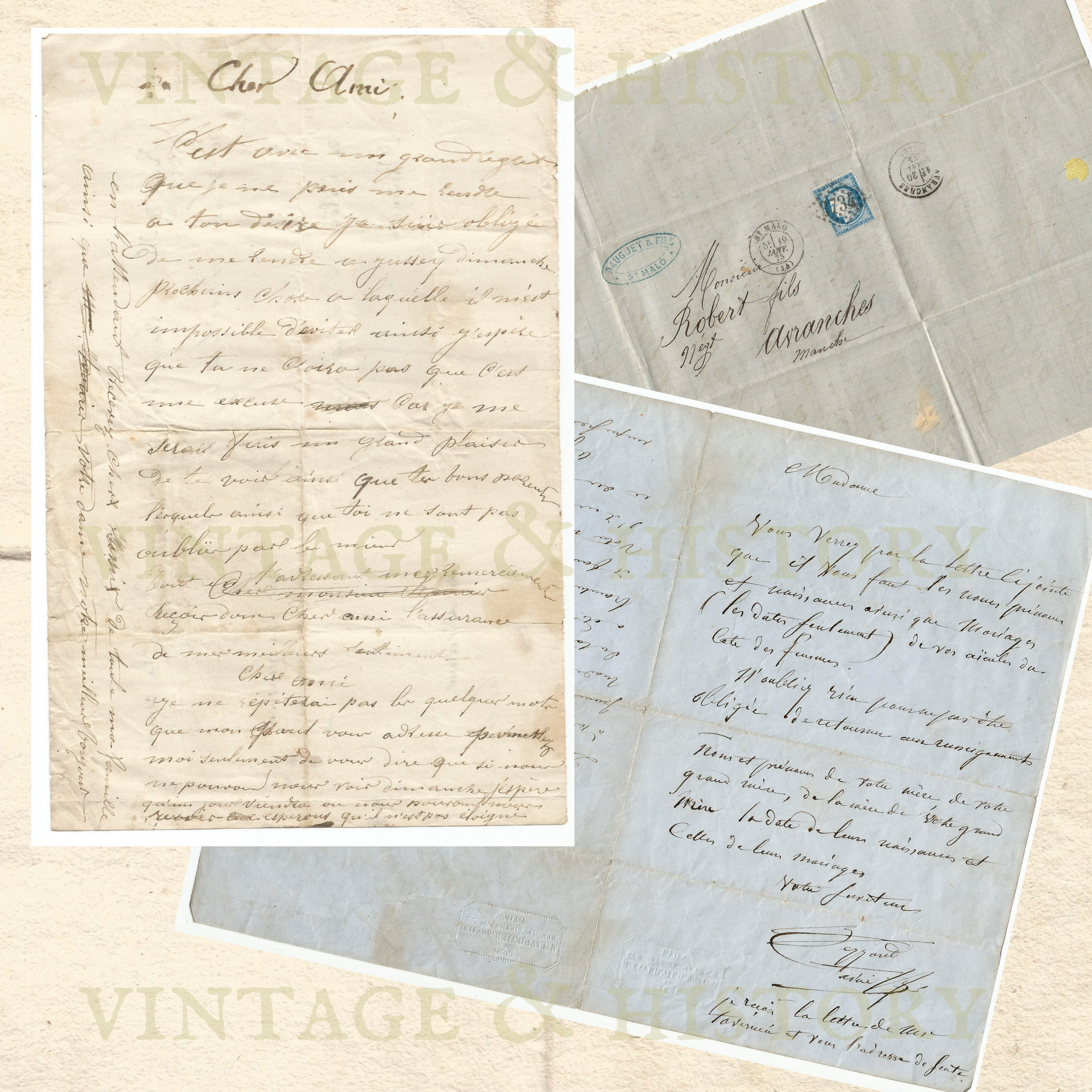 1800s French Letters and Envelopes, Bundle 3, Digital, Handwriting ...