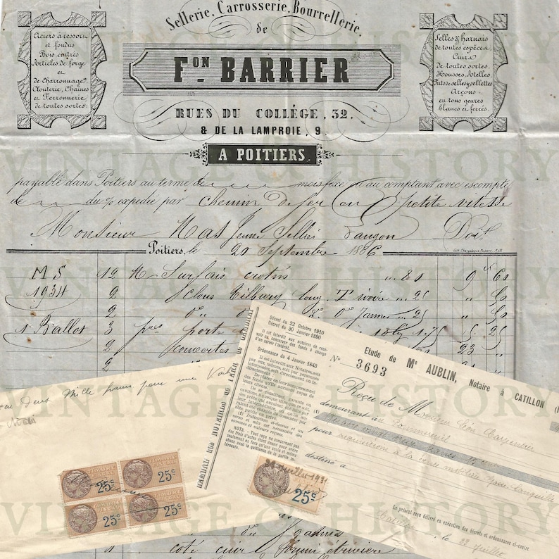 Large Bundle of French Receipts, 42 Pages, 1800s and Early 1900s ...