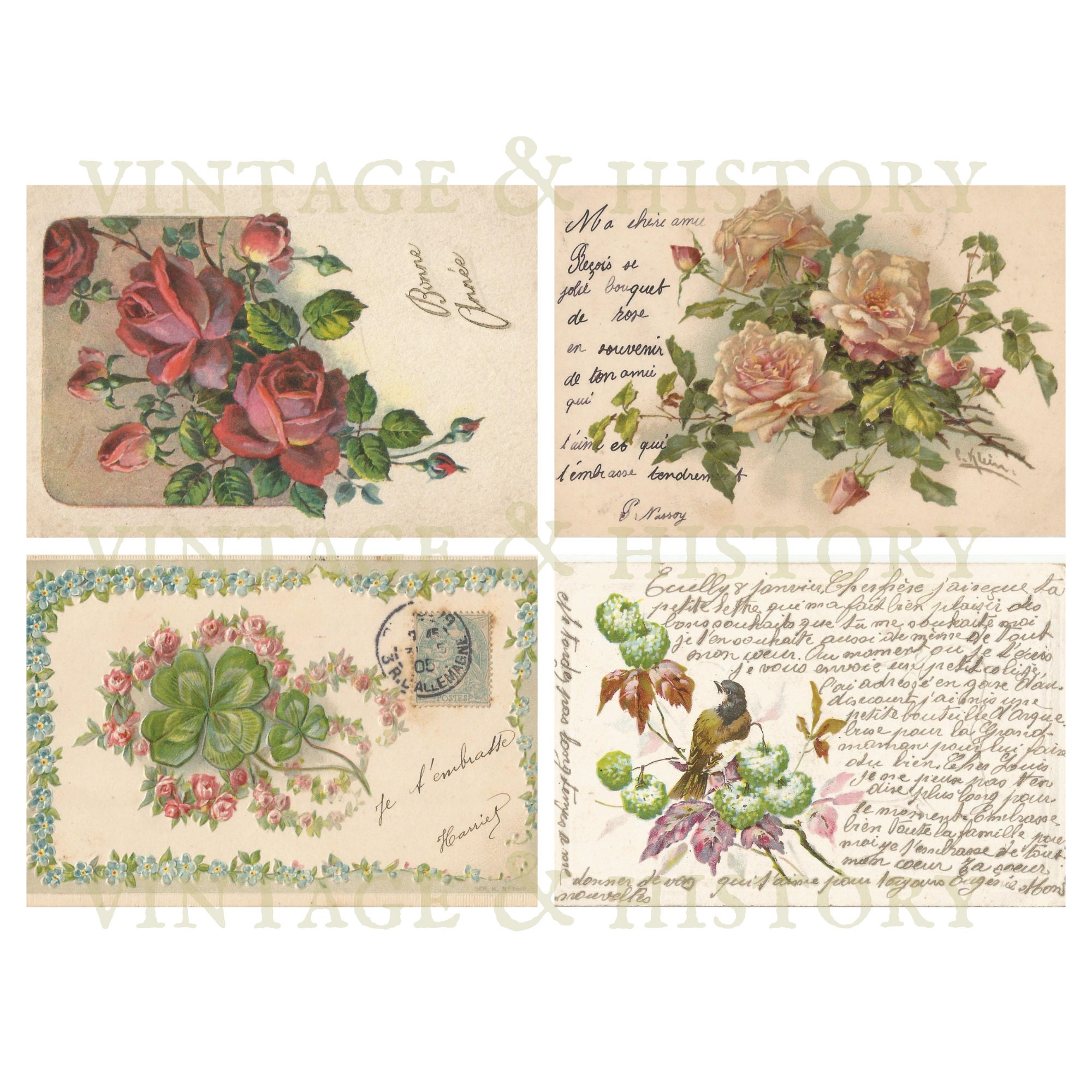French Flower Postcards, 1800s, Printable, Vintage Ephemera, Collage ...