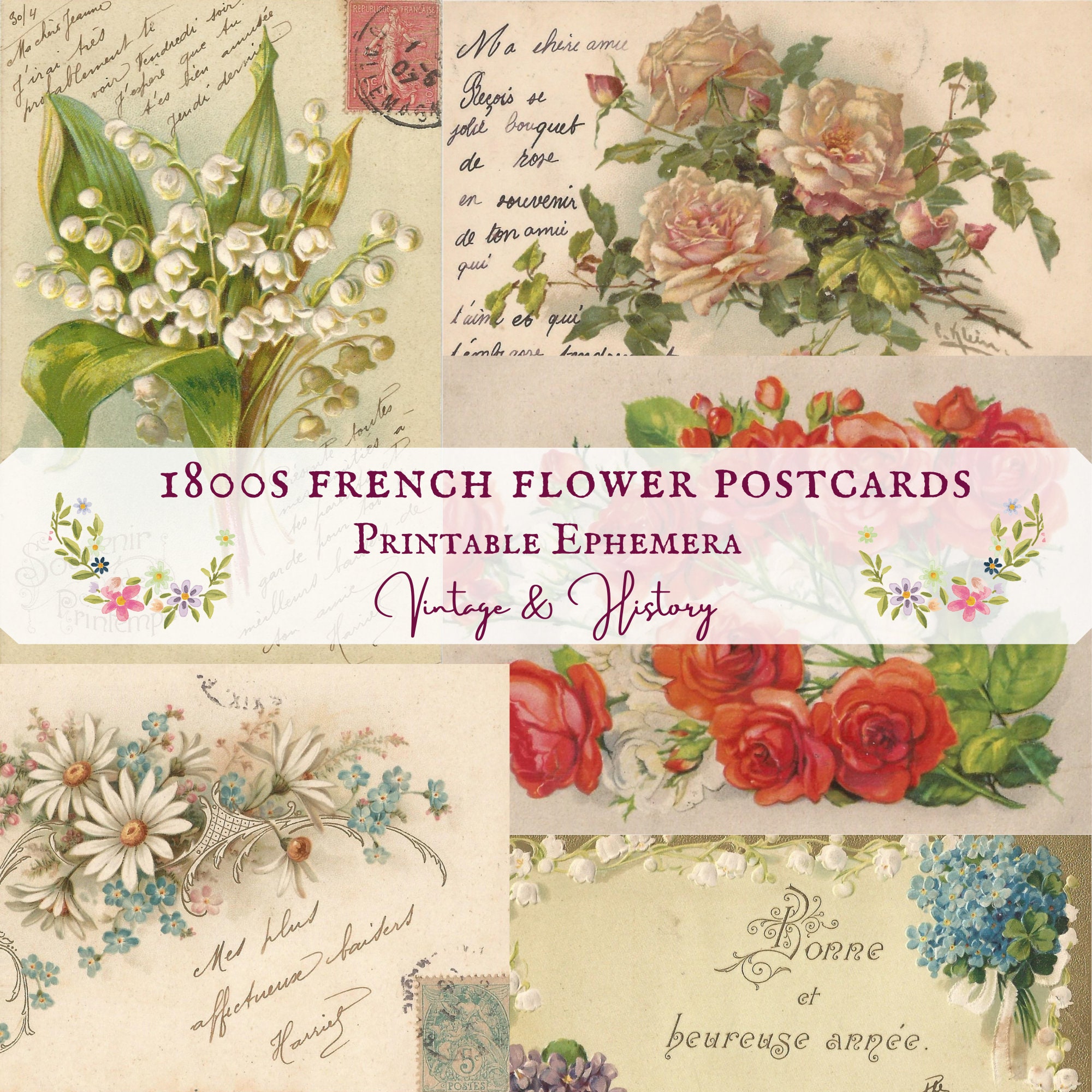 French Flower Postcards, 1800s, Printable, Vintage Ephemera, Collage ...
