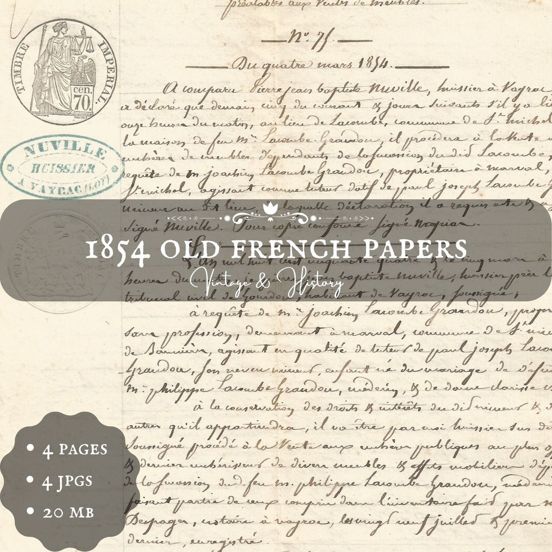 1854 Antique Handwritten French Document, Calligraphy, Printable ...