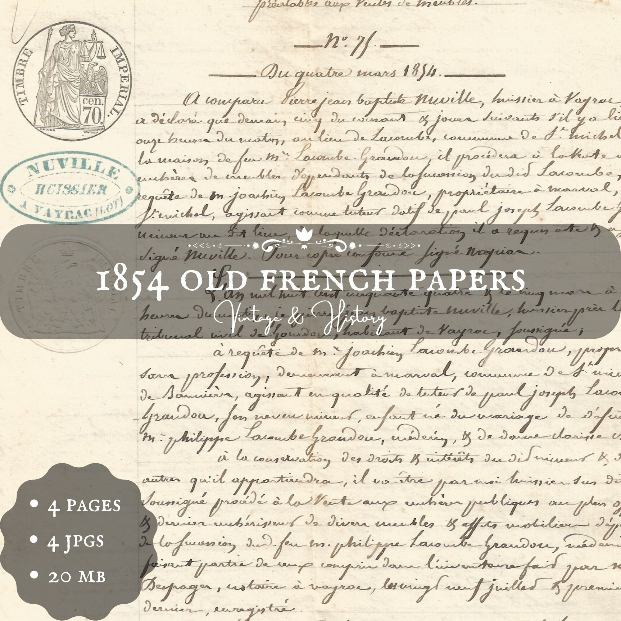 1854 Antique Handwritten French Document, Calligraphy, Printable ...