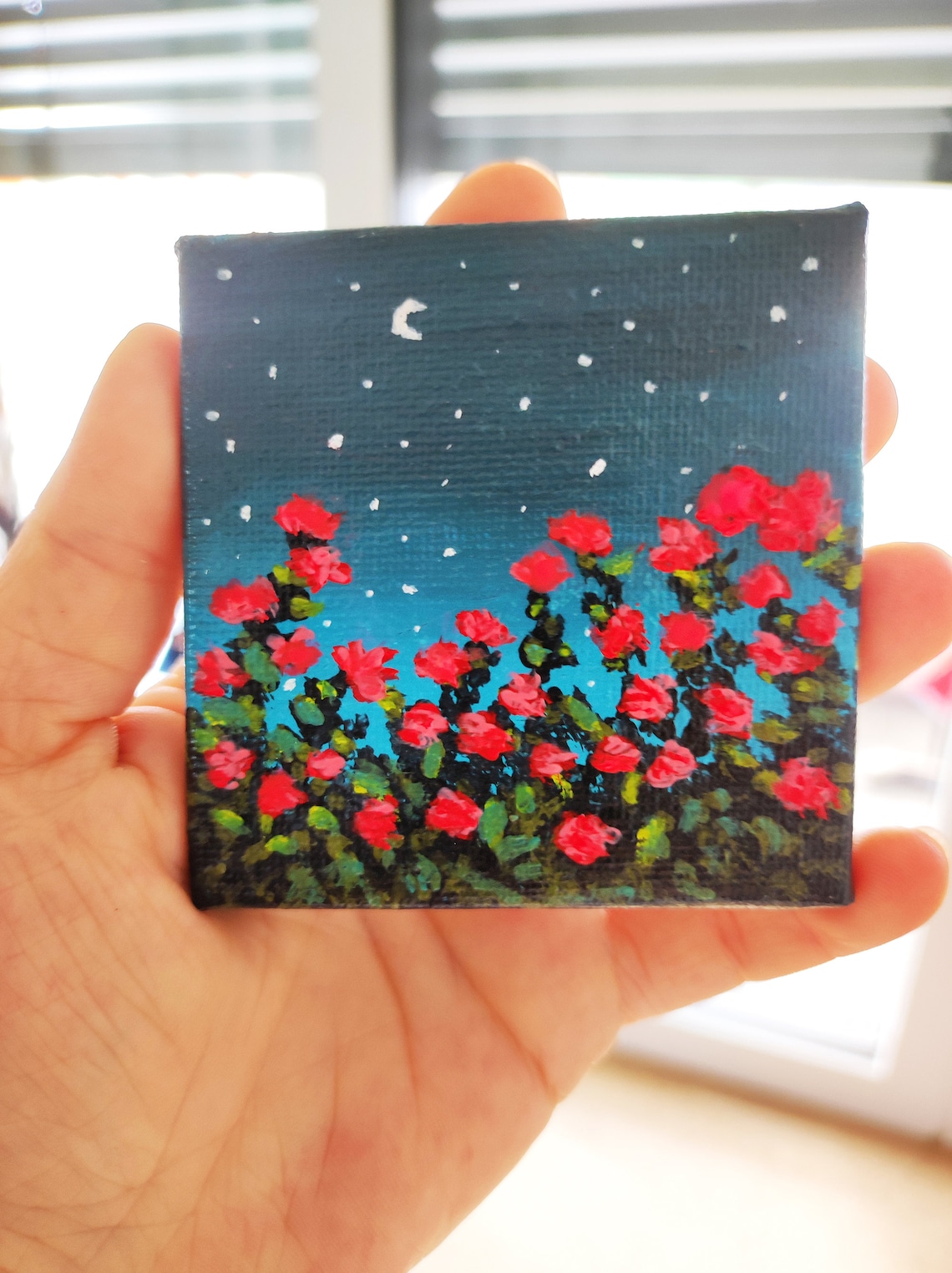 Rose Garden , Tiny Floral Painting, Mini Painting With Easel, Red Rose ...