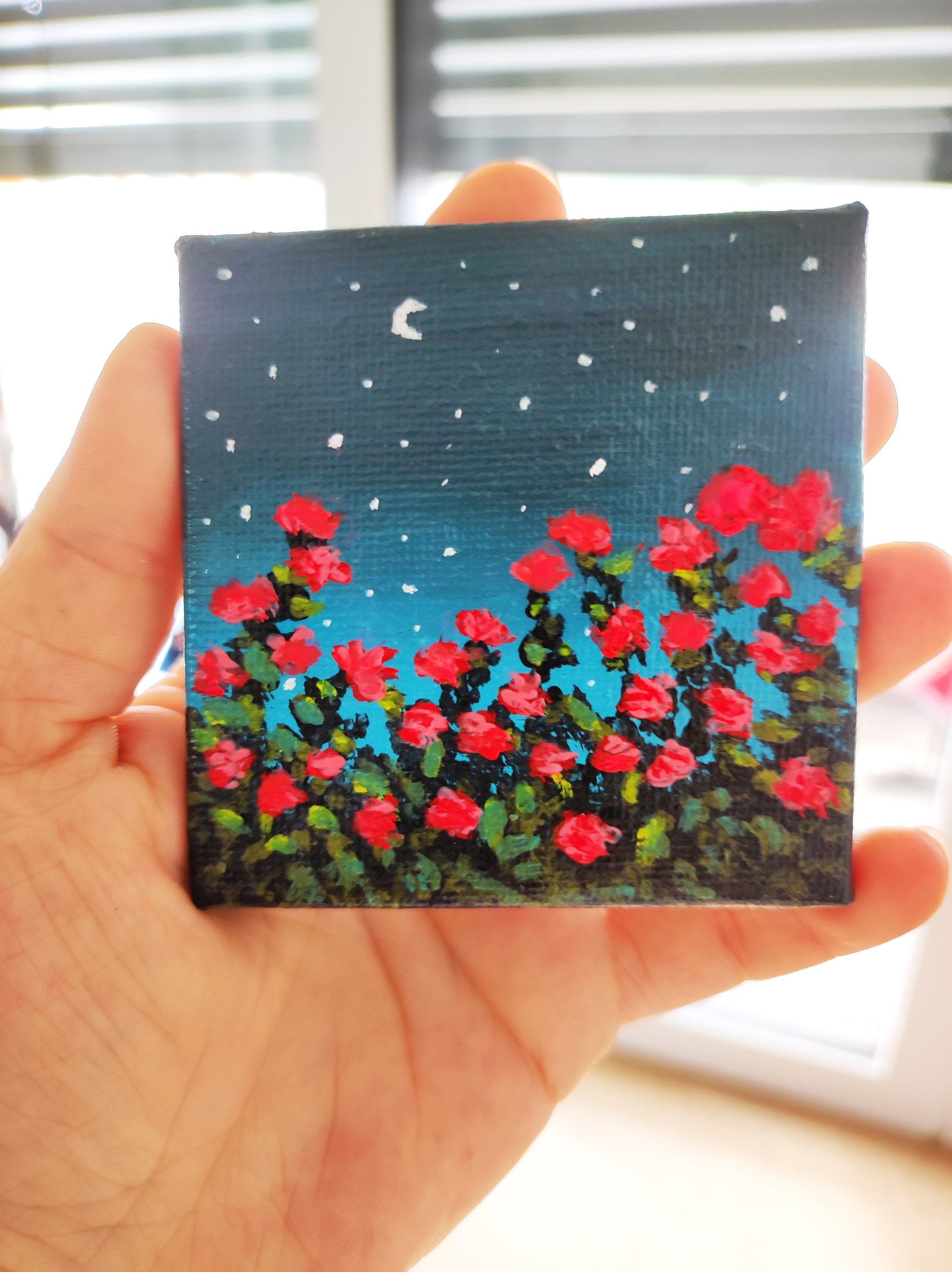Rose Garden , Tiny Floral Painting, Mini Painting With Easel, Red Rose ...