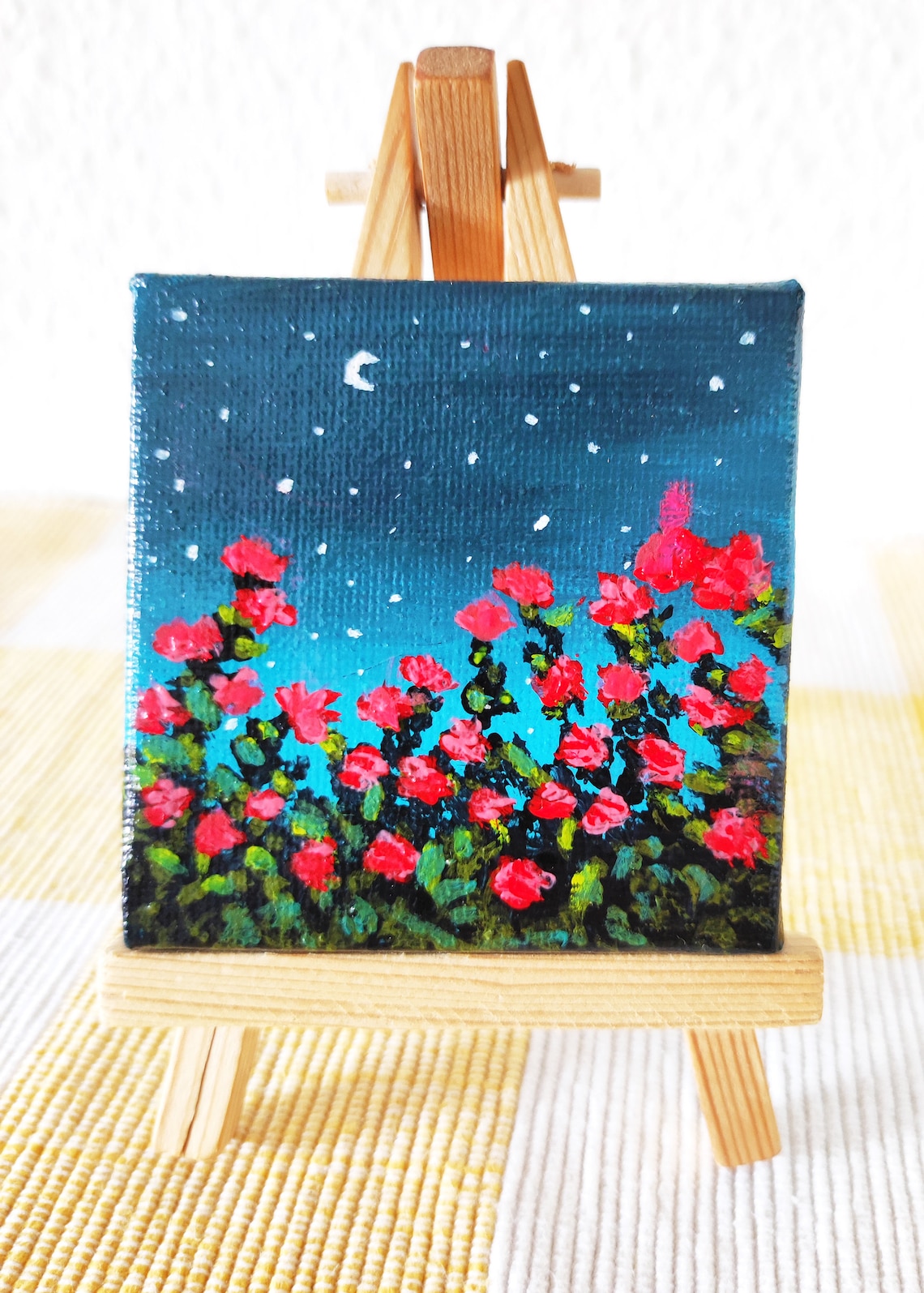 Rose Garden , Tiny Floral Painting, Mini Painting With Easel, Red Rose ...