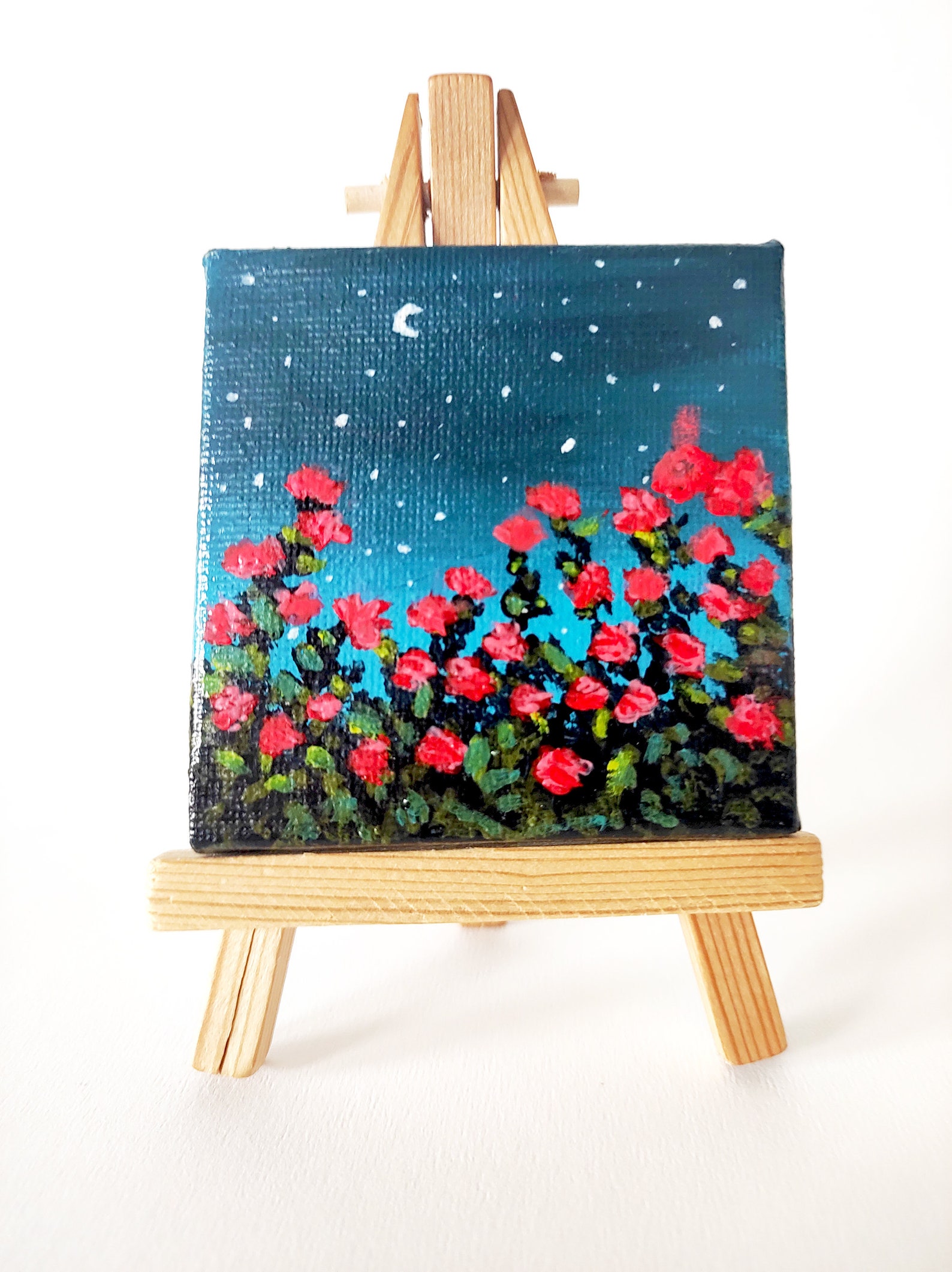 Rose Garden , Tiny Floral Painting, Mini Painting With Easel, Red Rose ...