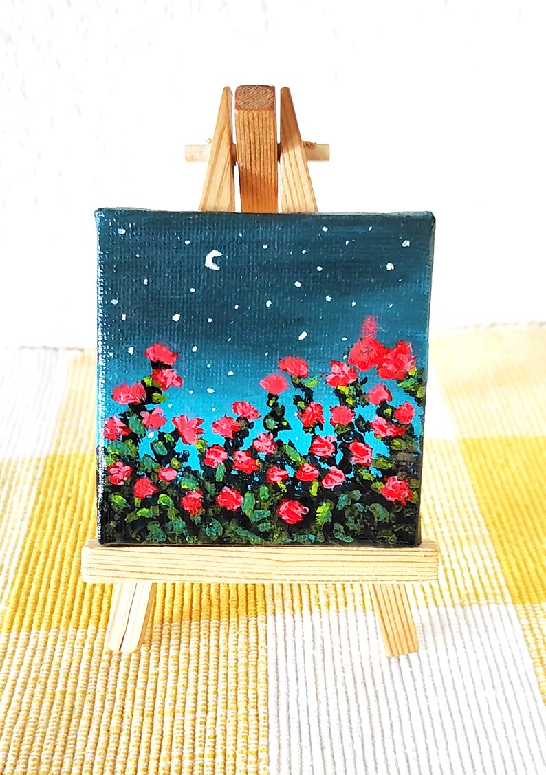 Rose Garden , Tiny Floral Painting, Mini Painting With Easel, Red Rose ...