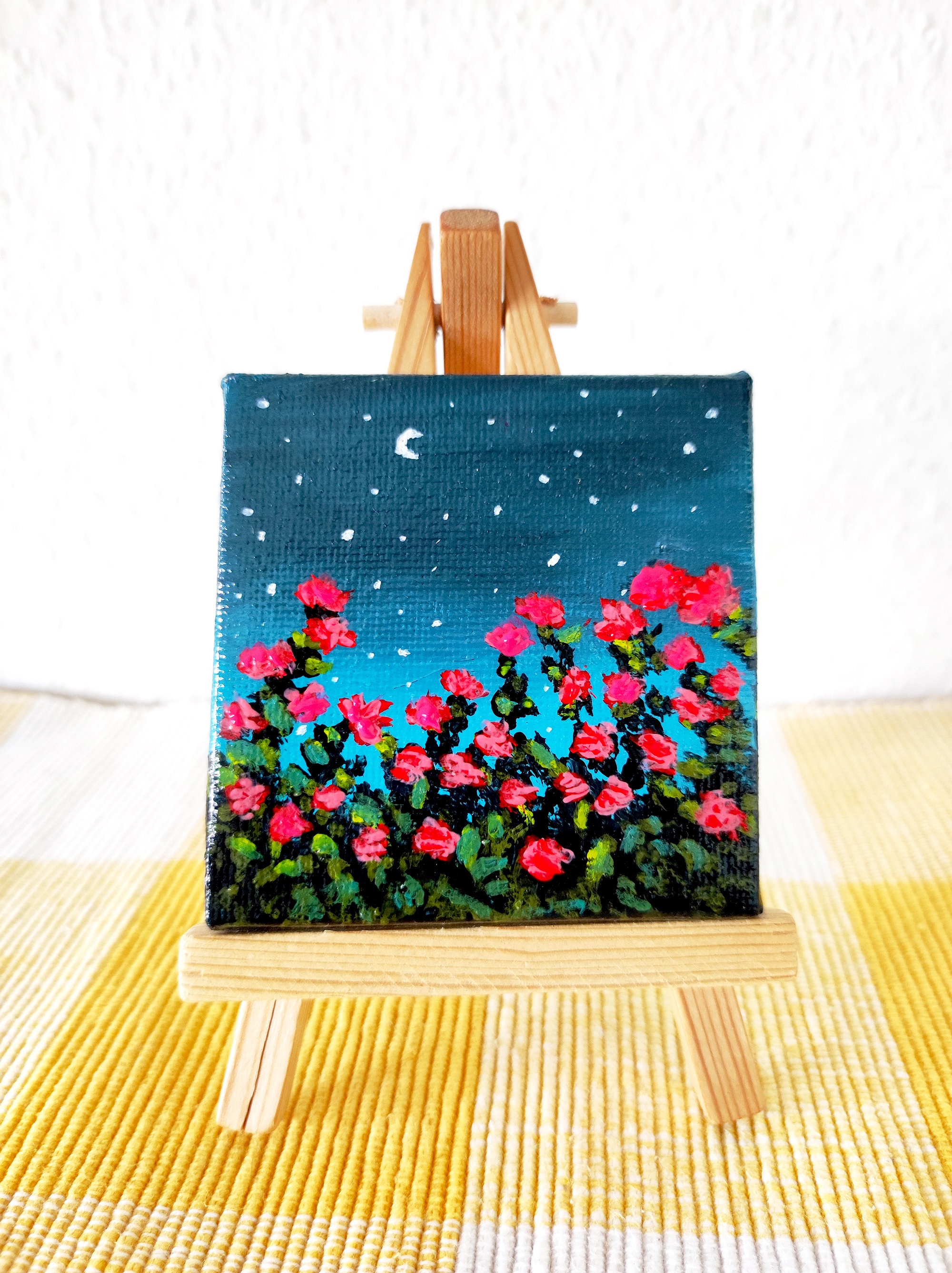 Rose Garden , Tiny Floral Painting, Mini Painting With Easel, Red Rose ...