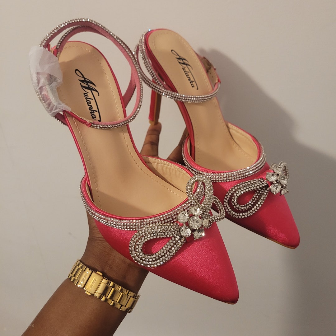 Elegant Pink Satin High Heels With Silver Rhinestone Embellished Bow ...