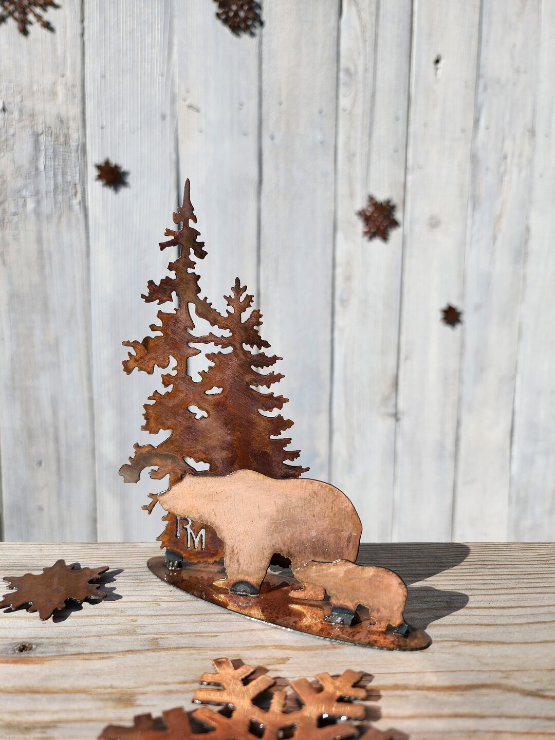 Vintage Metal Bear Cub Tree Scene / Modern Copper Bear Shelf Decoration ...