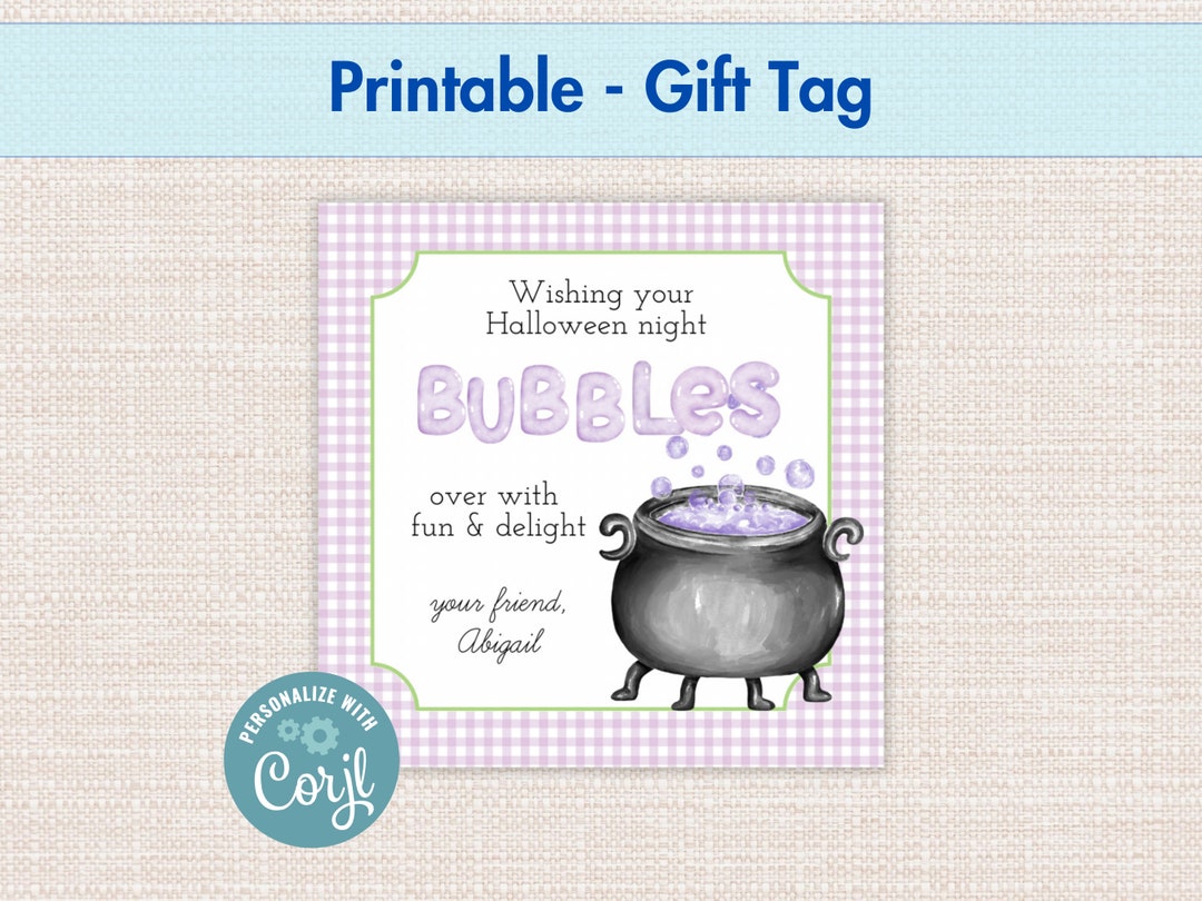 PRINTABLE Halloween Bubbles Gift Tag for Kids, Purple Gingham Last ...