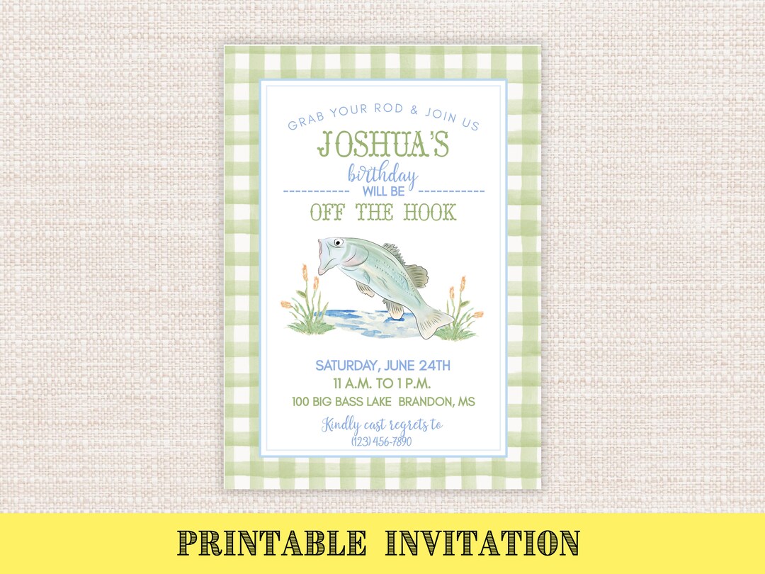 Watercolor Printable Bass Fishing Theme Birthday Invitation Template ...
