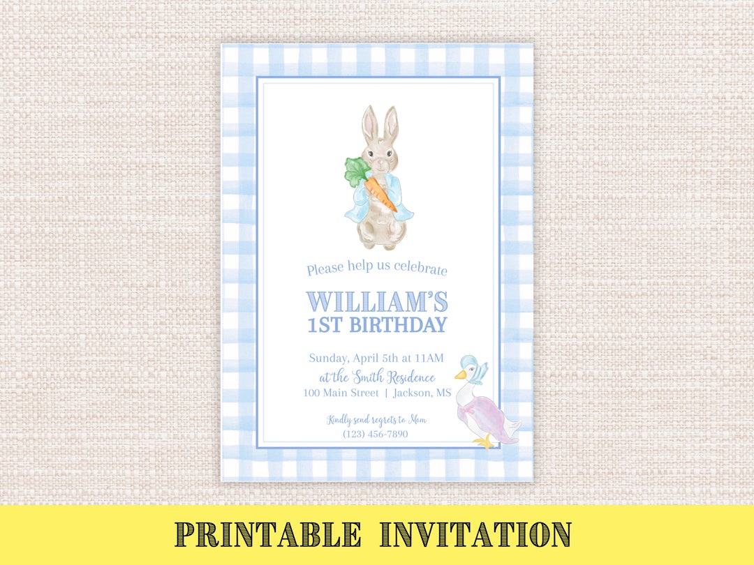 Watercolor Printable Peter Rabbit Blue Gingham Theme Birthday ...