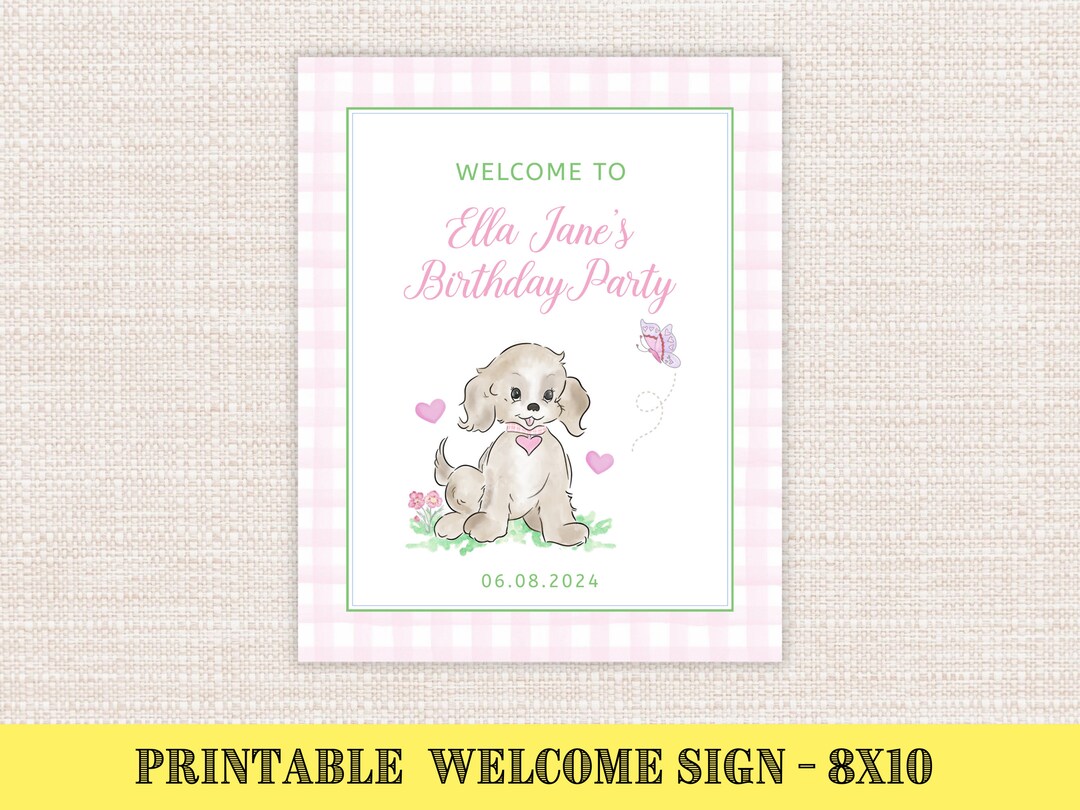 PRINTABLE 8x10 Sign Puppy Pink Gingham Birthday Party, Dog, Doodle ...