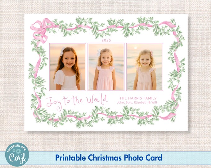 Printable Christmas Landscape Photo Card, Pink Garland Template, Joy to ...
