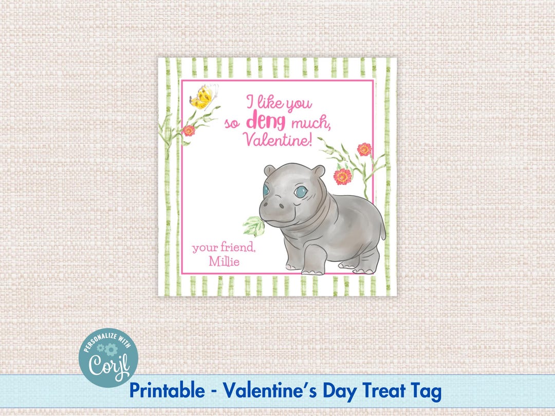 PRINTABLE Valentine's Day Gift Tag Kids Class Party, Hippo Moo Deng ...