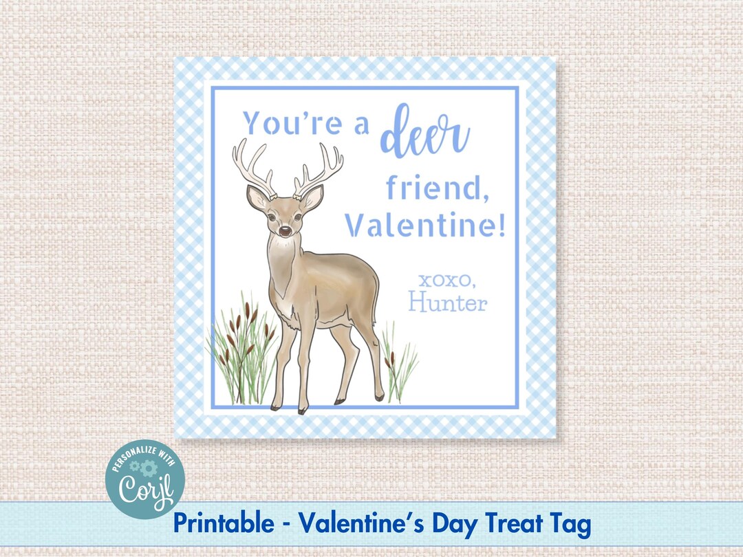 Printable Valentine's Day Gift Tag Blue Preppy Deer Hunt Outdoor Theme ...