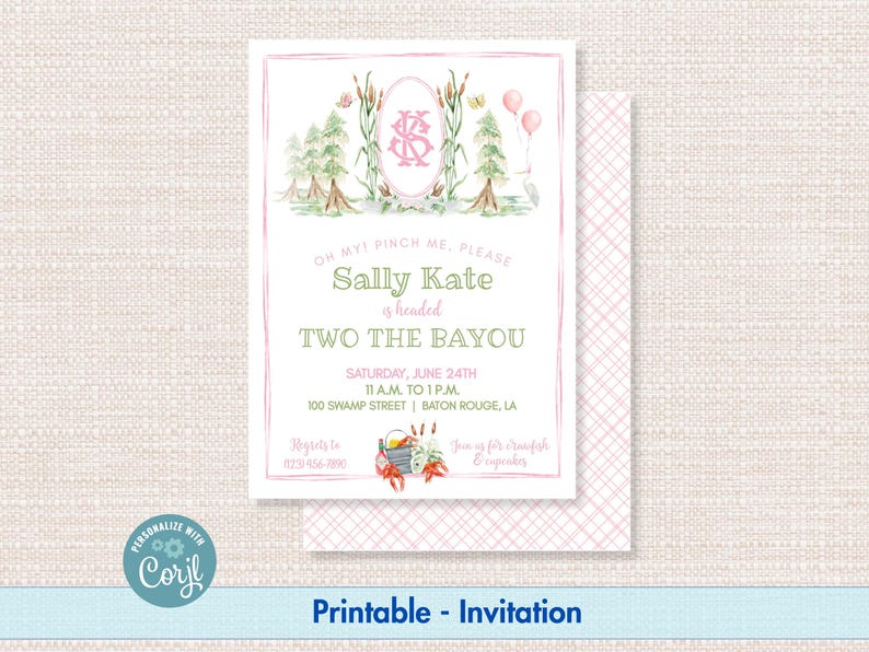 Two the Bayou Theme Birthday Invitation - Watercolor Printable Template ...