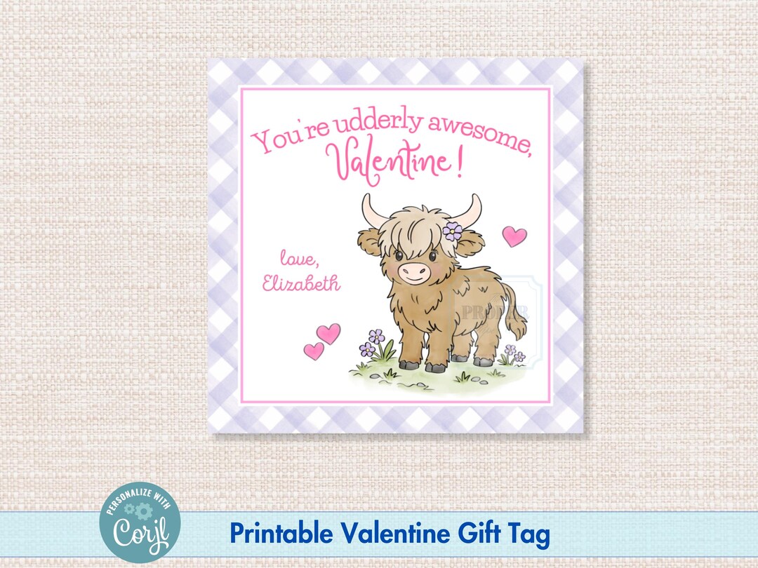 PRINTABLE Valentine's Day Gift Tag Kids Class Party, Highland Cow, DIY ...