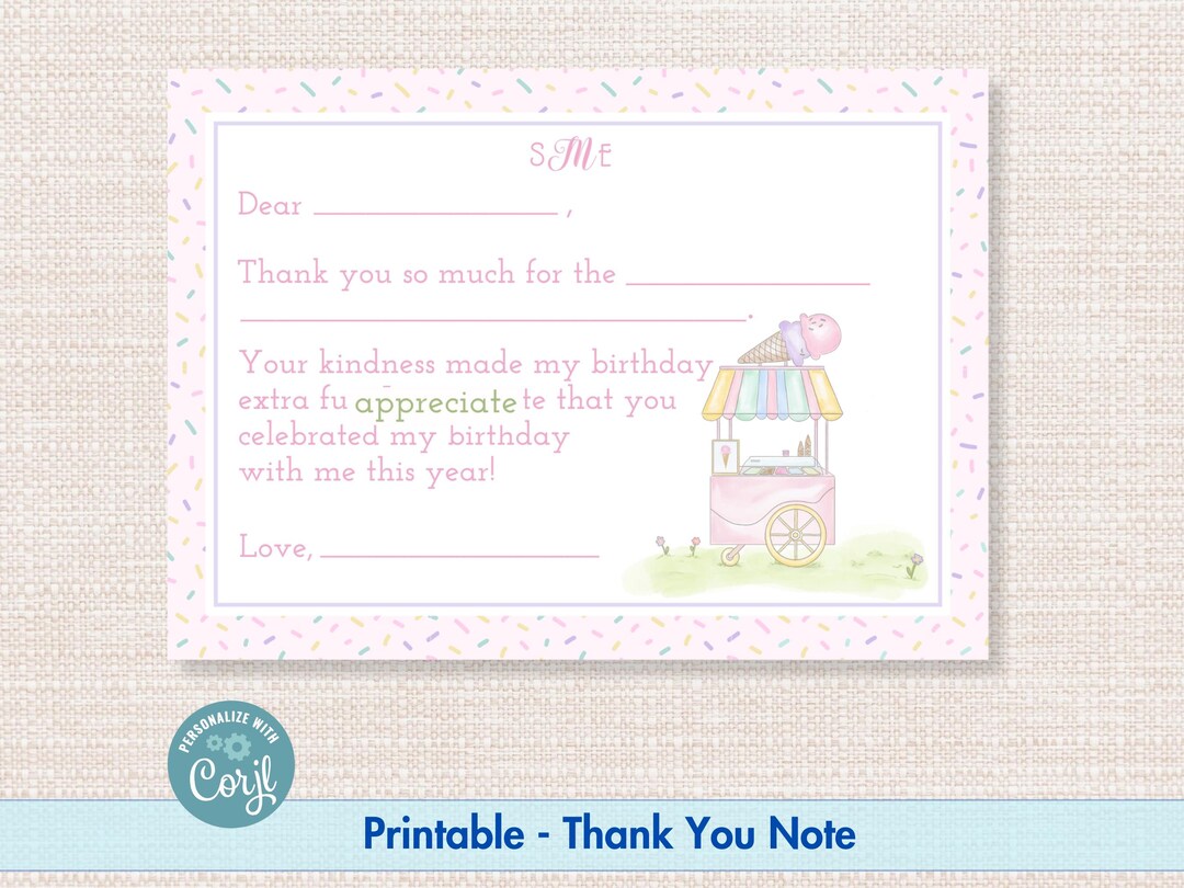 Ice Cream Birthday Thank You Notes: Fill-in Postcard (instant Download ...