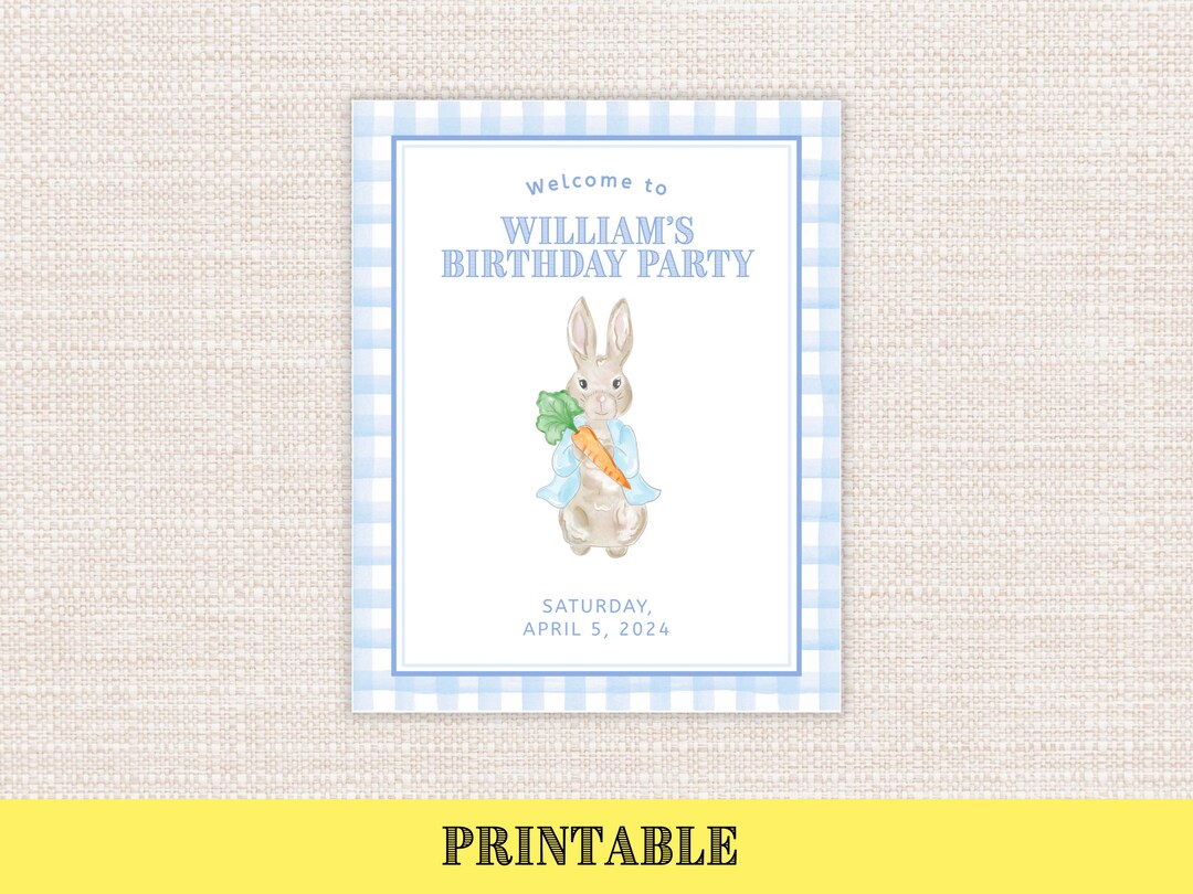 PRINTABLE 8x10 Sign Peter Rabbit Bunny Birthday, Watercolor Welcome ...