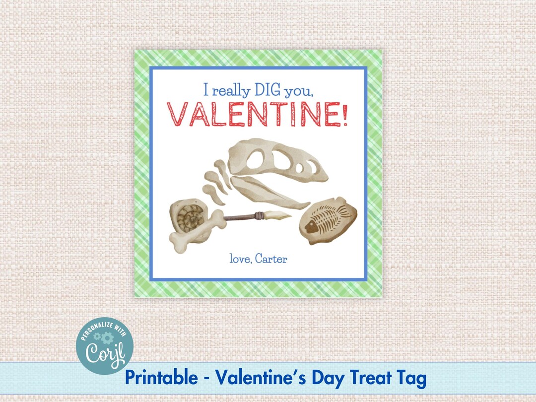 PRINTABLE Valentine's Day Gift Tag Kids Class Party, Dino Bones Dig ...