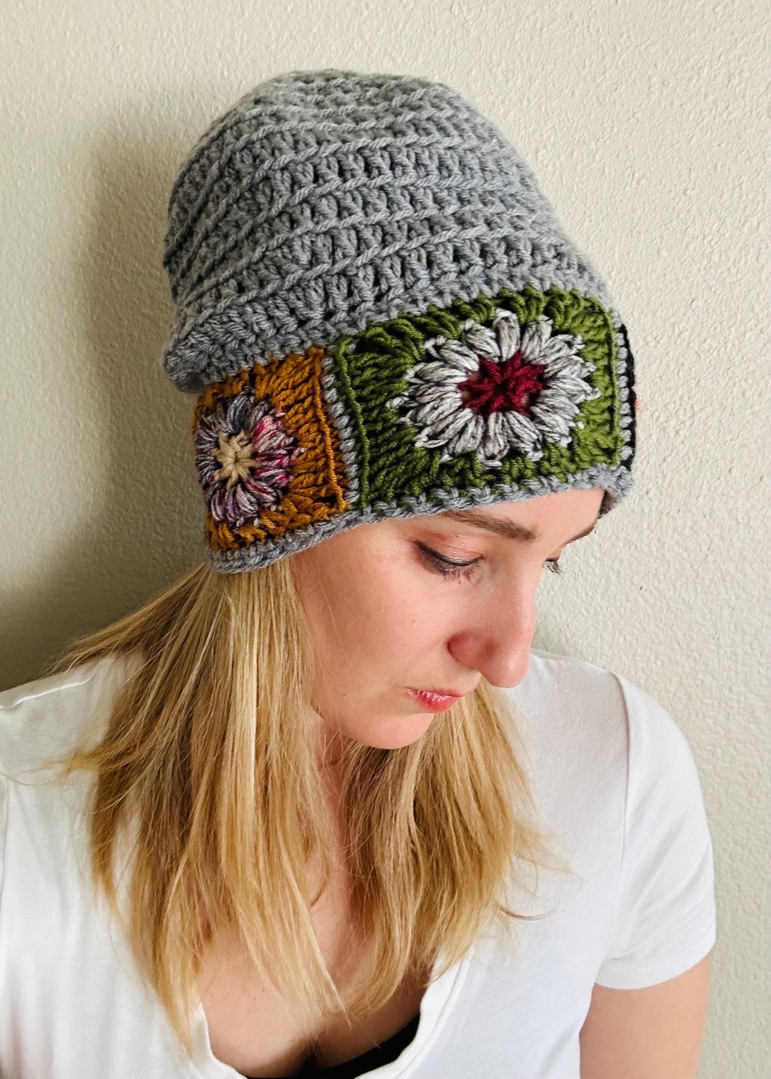The Madison (gray): Crochet Hat,flower Accent Hat,slouchy Beanie, Women ...