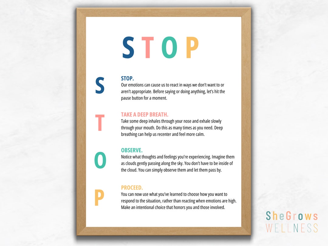 STOP Technique, DBT Worksheet, Coping Skills, Mental Health Print ...