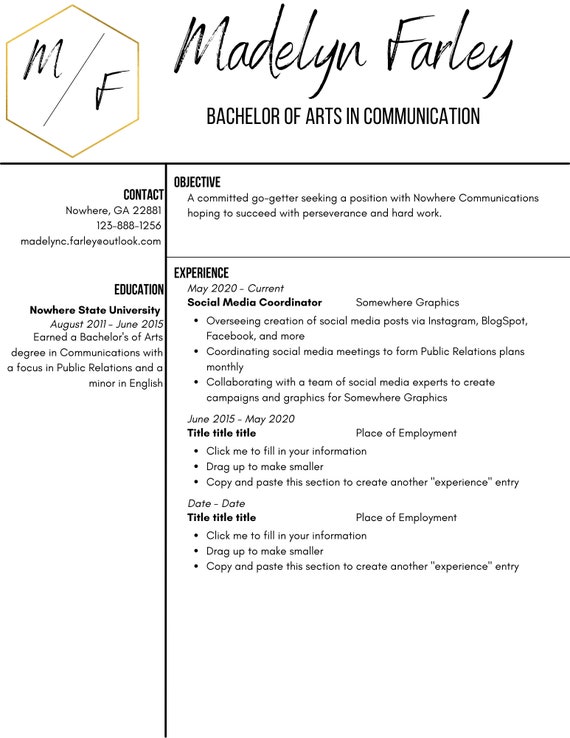 Paper Stationery BLACK & GOLD customizable Initial Branded Resume ...