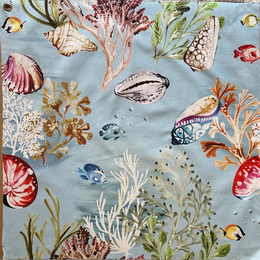 Fish Coral Print Fabric Sample, Beach Ocean Shells, Blue, Cotton ...