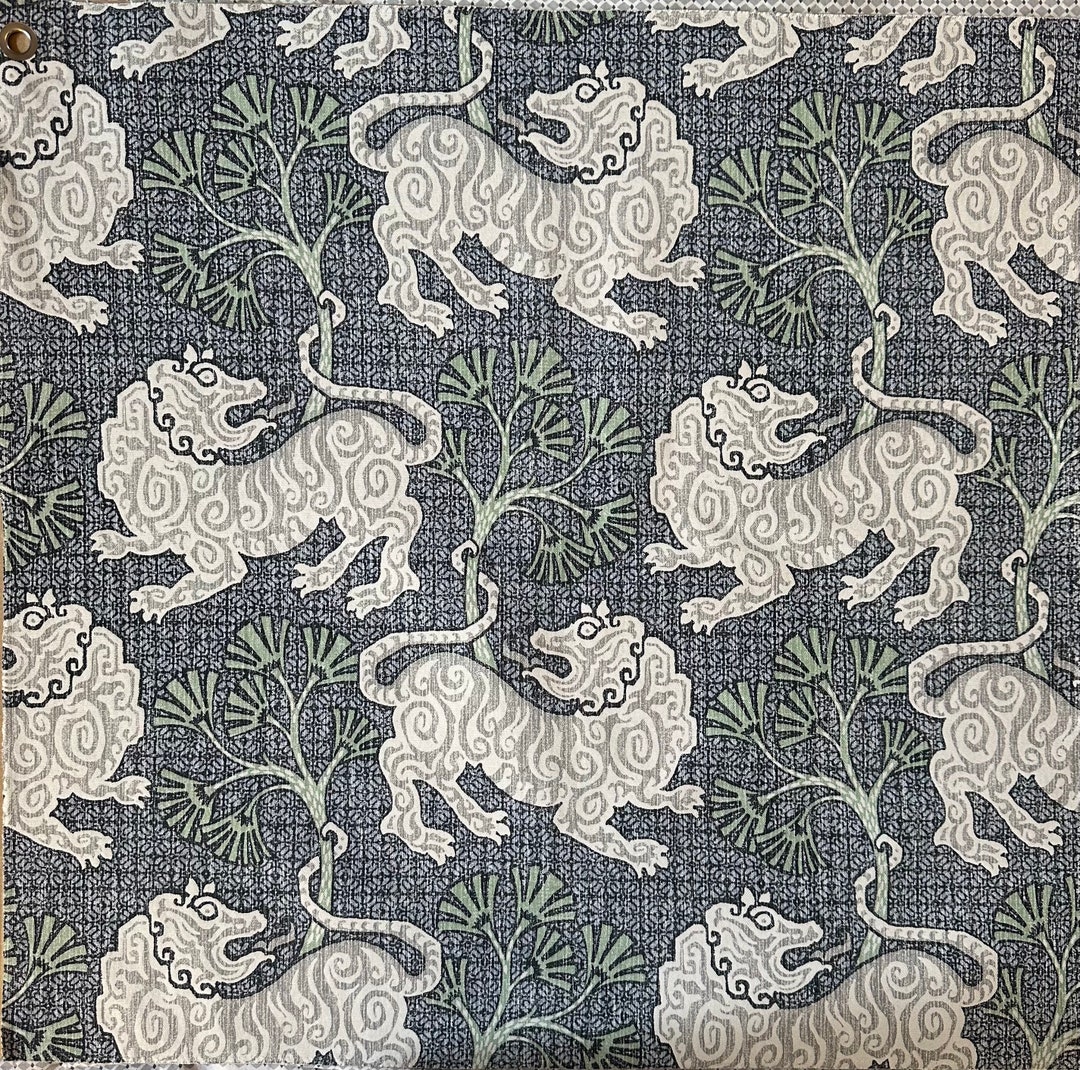 Guardian Lion Print Cotton Fabric Sample: Blue, Green, Gray (26" Square ...