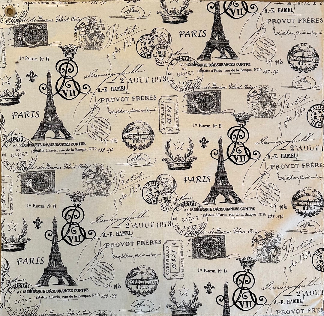 French Stamp Print Fabric Sample, Paris Eiffel Tower, France, Cotton ...