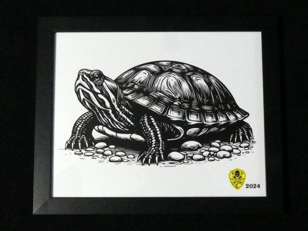 8 X 10 Framed Red Eared Slider Turtle Illustration Vibrant Detailed Art ...