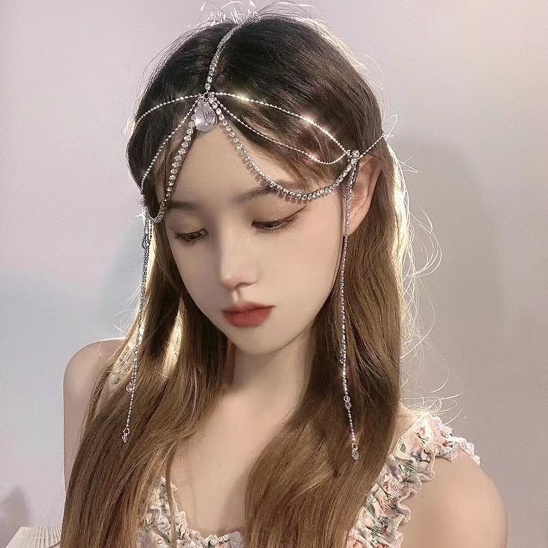 Rhinestones Forehead Chain Long Tassel Head Chain Water Drop - Etsy