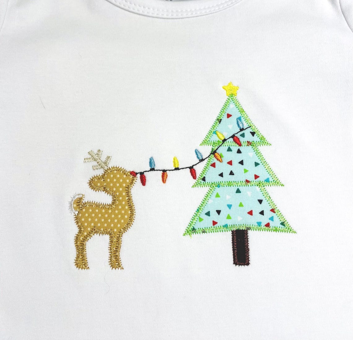 Girls Christmas Shirt: Embroidered Reindeer With Tree Appliqué ...