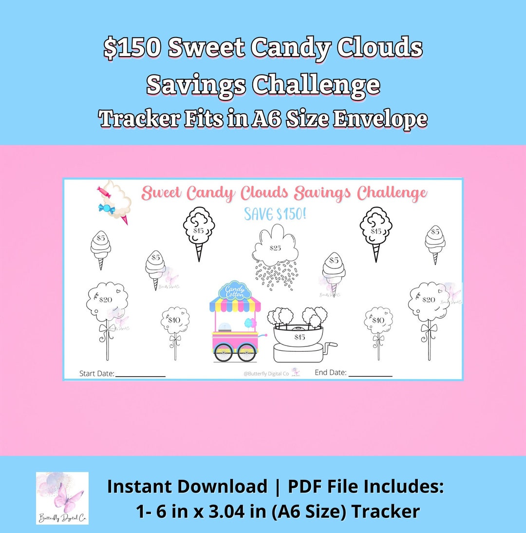 Printable 150 Dollar Sweet Candy Clouds Savings Challenge Tracker A6 ...