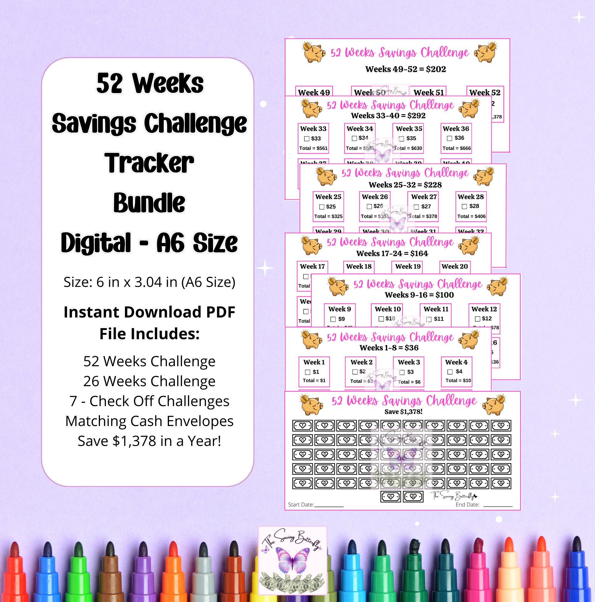 Printable 52 & 26 Week Savings Challenge Tracker Bundle (digital ...
