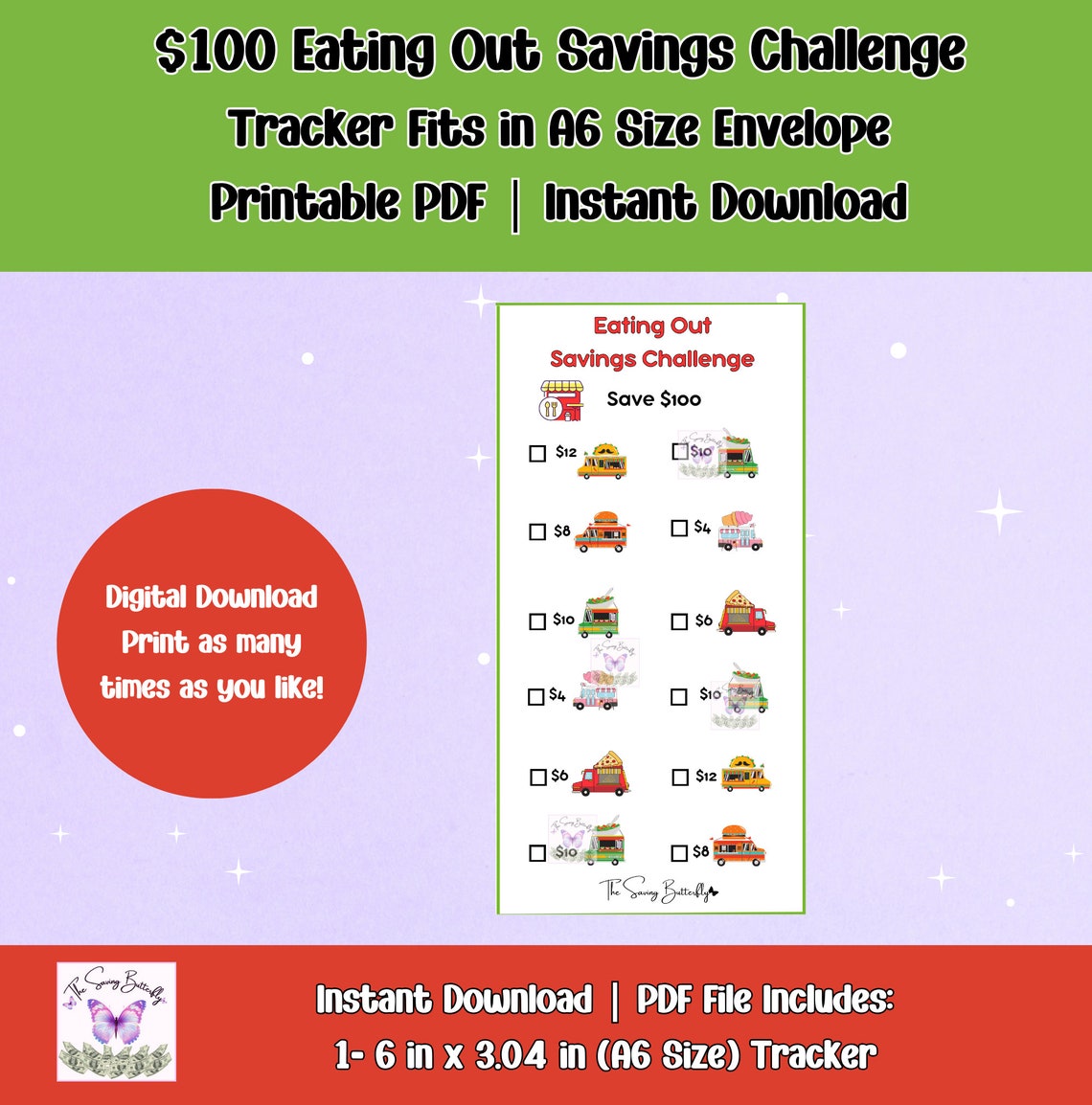 Printable 100 Dollar Eating Out Savings Challenge A6 Tracker/ Dining ...