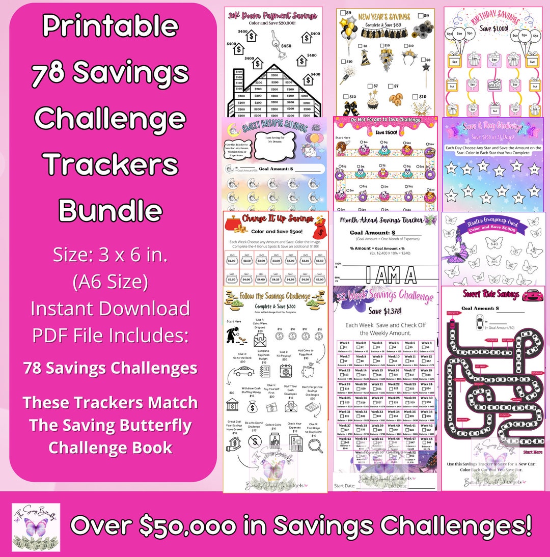 Printable A6 Savings Challenge Trackers Bundle for the Saving Butterfly ...