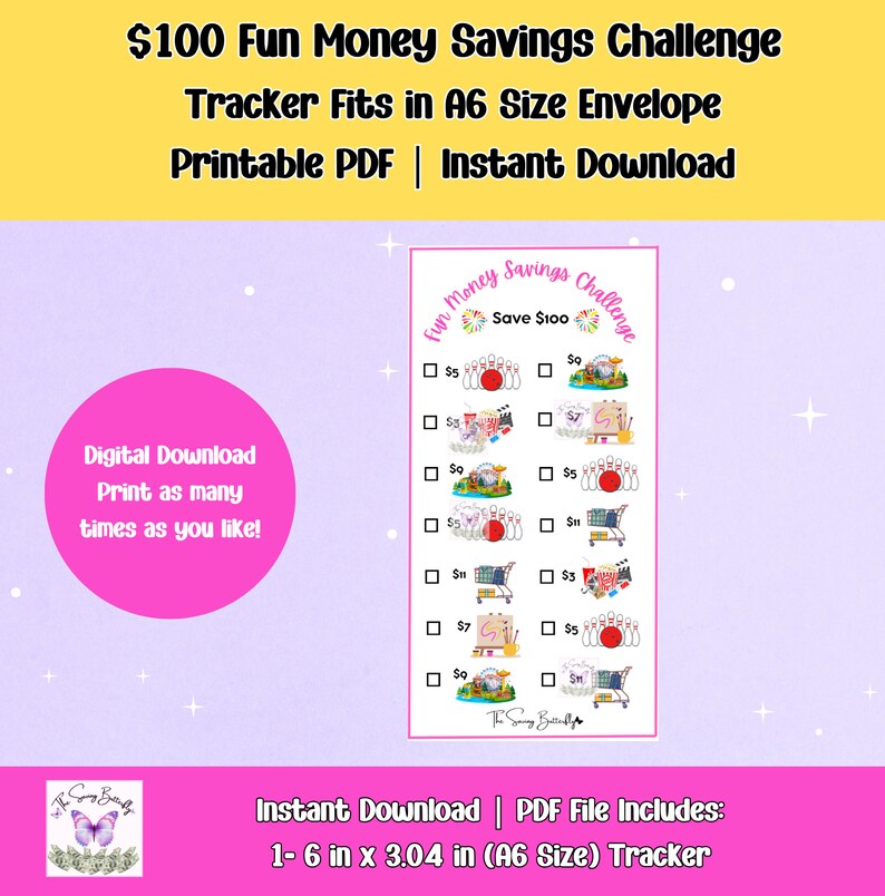 Printable 100 Dollar Fun Money Savings Challenge Tracker A6, A6 Savings ...