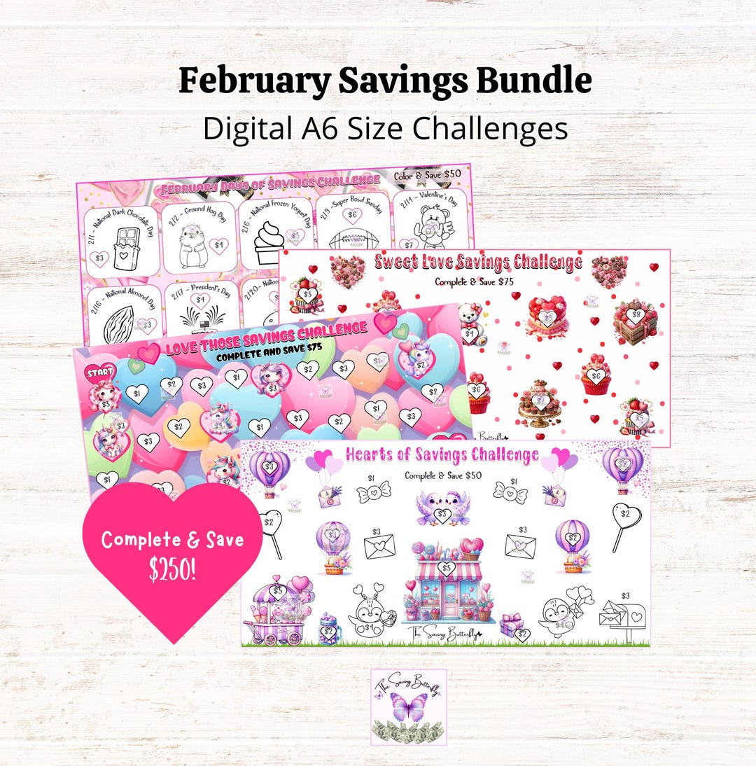 Printable February Savings Challenge Bundle: Valentine's Day A6 Tracker ...