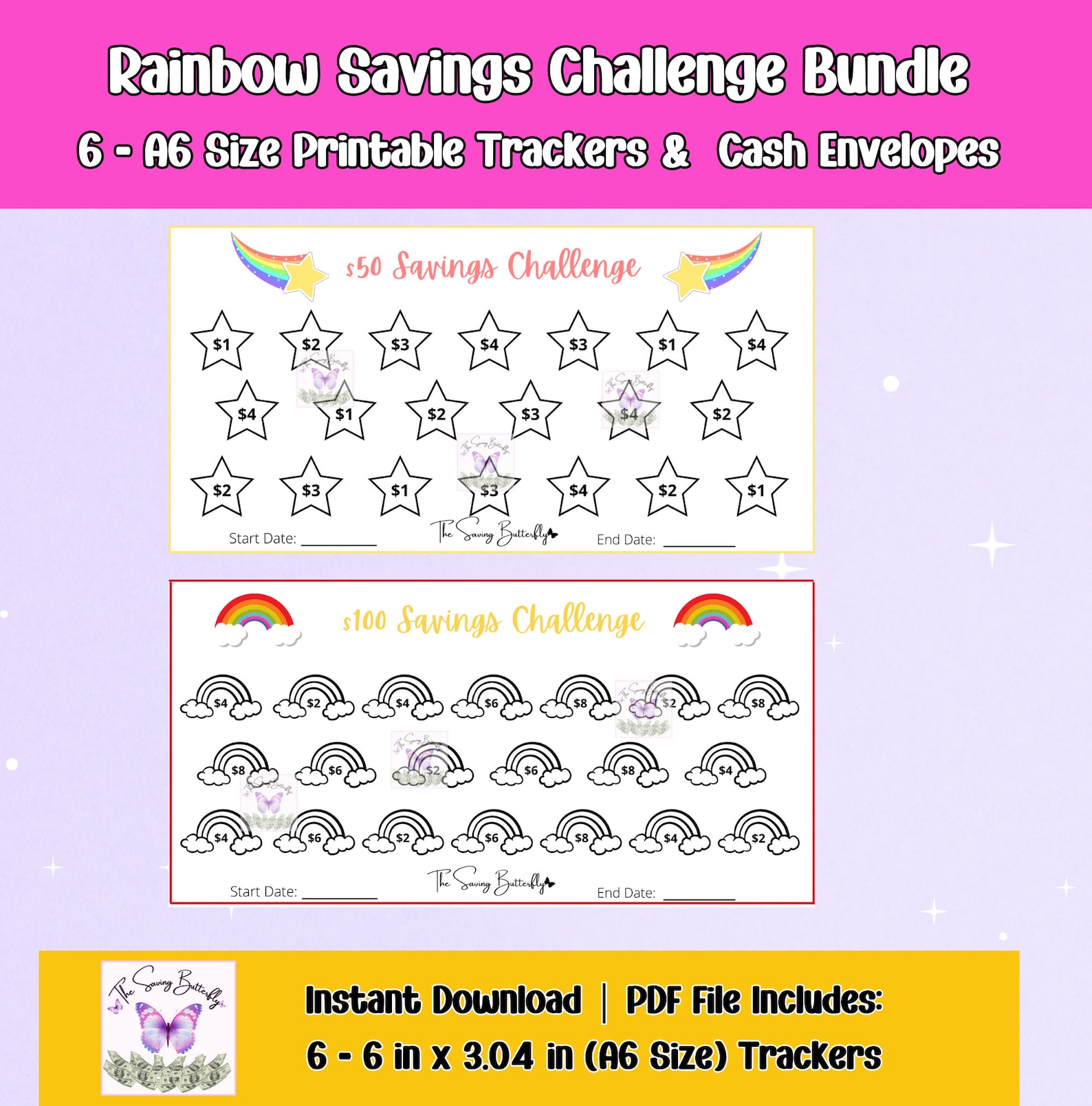 Printable Rainbow Savings Challenge Bundle: A6 Printable Trackers (PDF ...