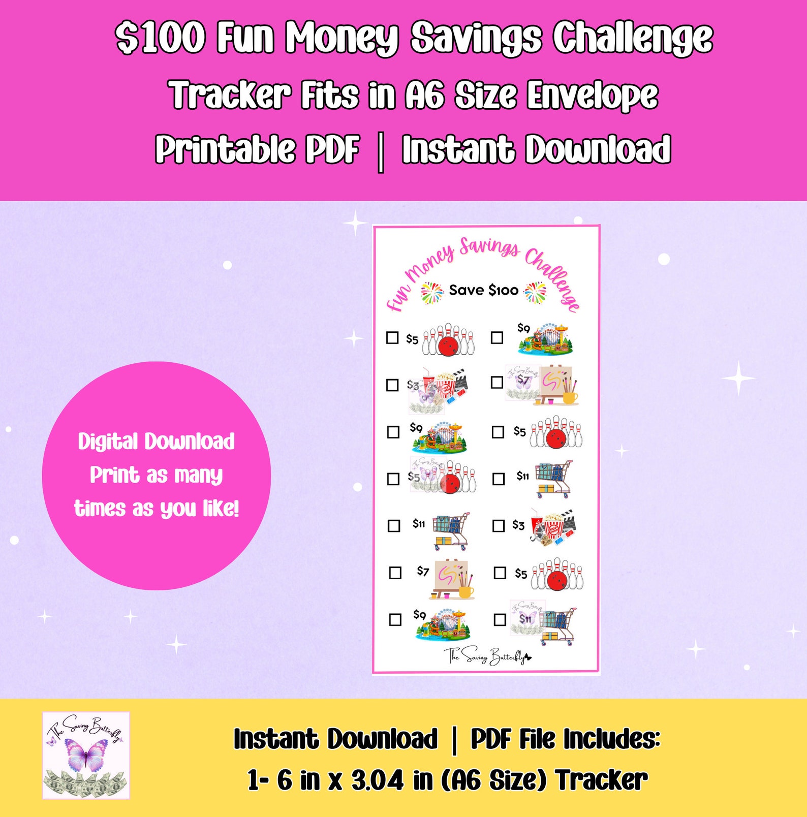 Printable 100 Dollar Fun Money Savings Challenge Tracker A6, A6 Savings ...