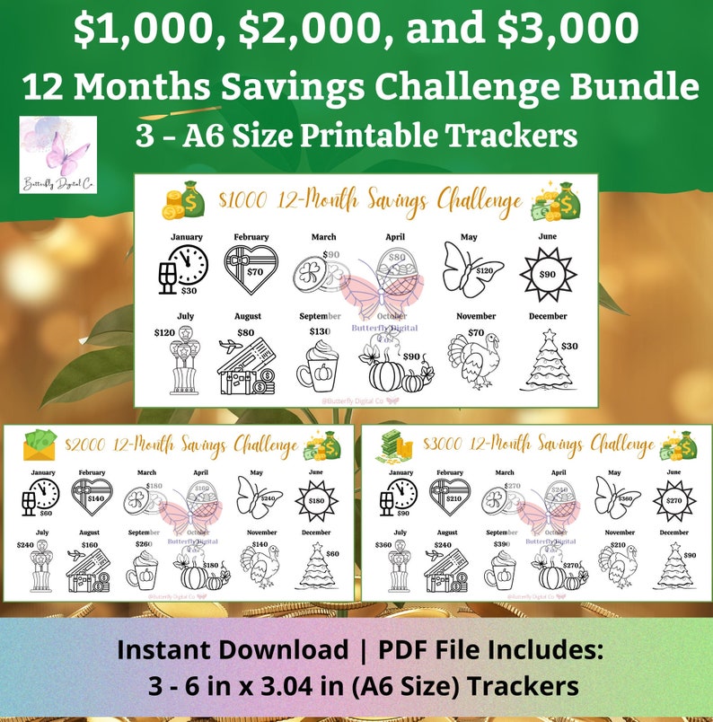 Printable 12 Month Savings Challenge Trackers and Cash - Etsy