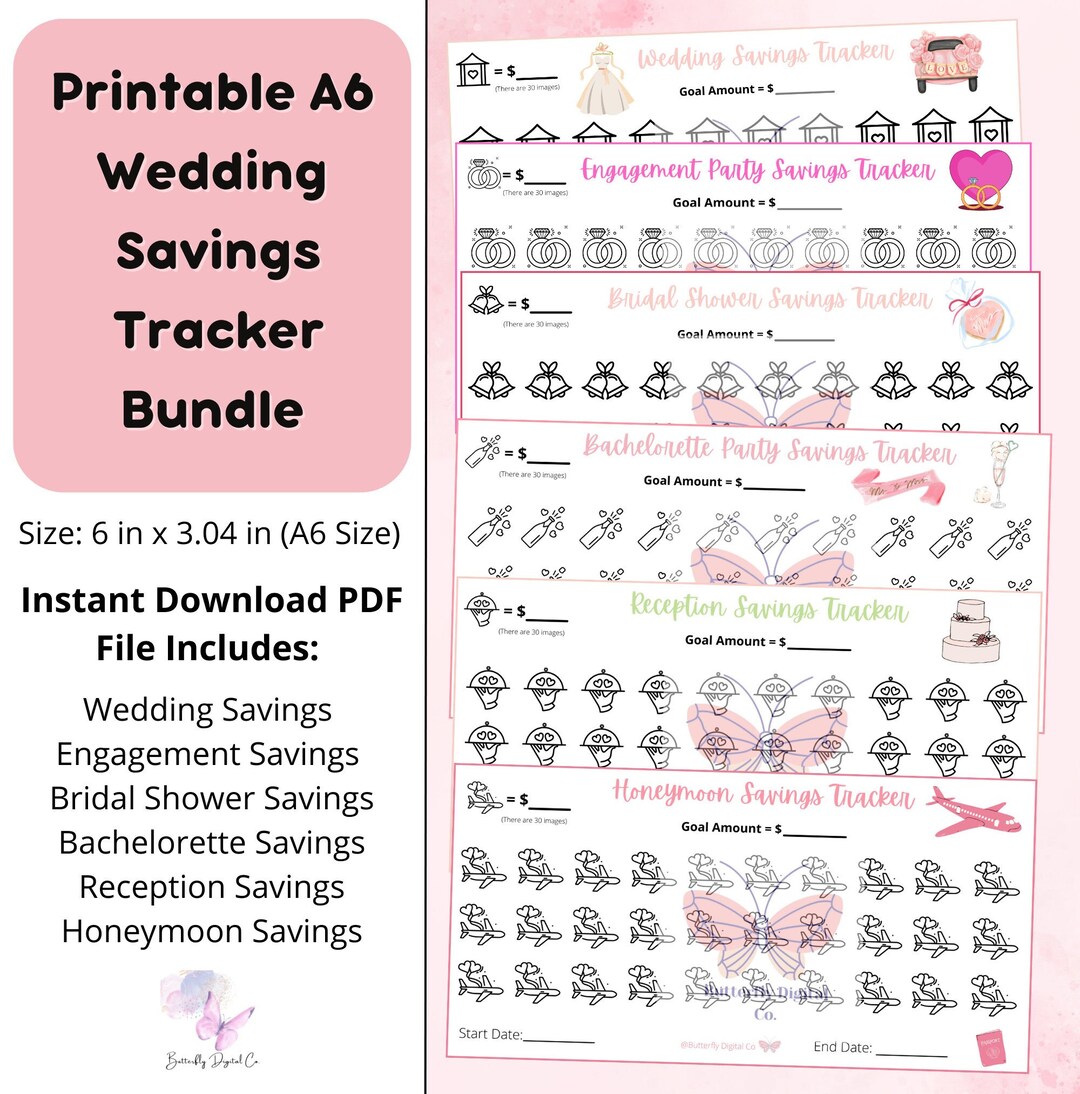 Printable Wedding Savings Tracker Bundle A6/ Reception Savings ...