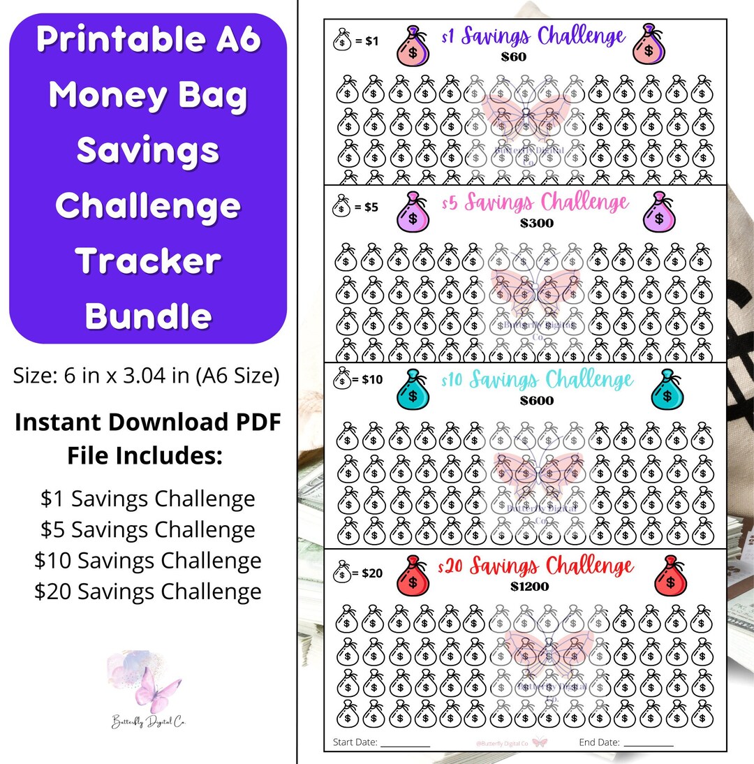 Printable Money Bag Savings Challenge Bundle A6/ 1 Dollar Challenge/ 5 ...