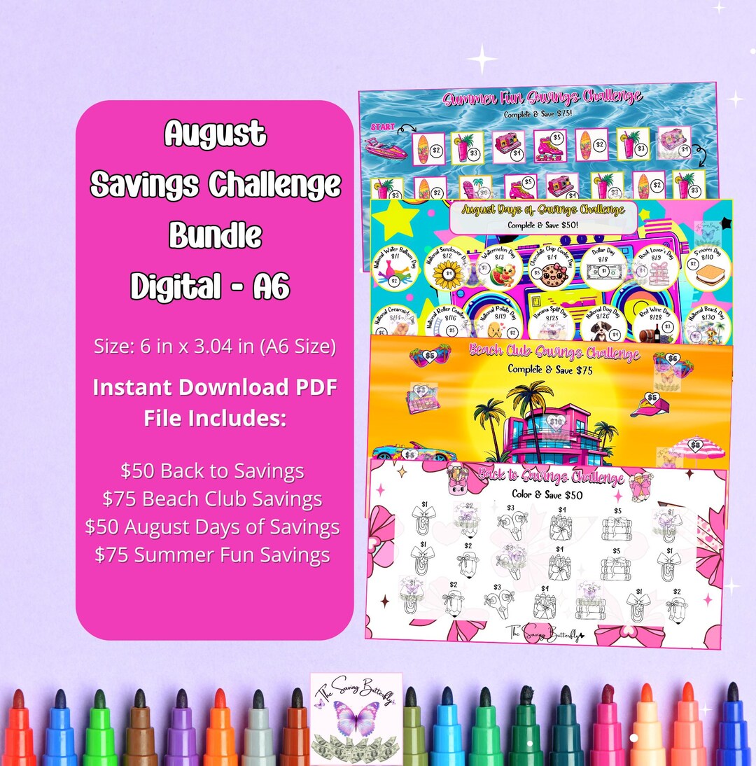 Printable August Savings Challenge Bundle: A6 Summer Theme (digital ...