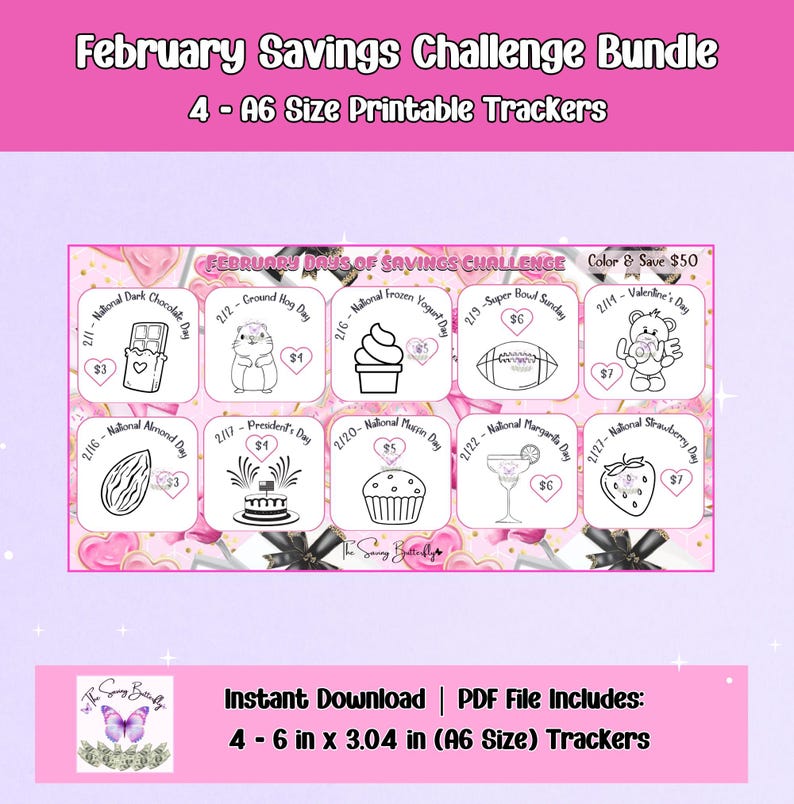 Printable February Savings Challenge Bundle: Valentine's Day A6 Tracker ...