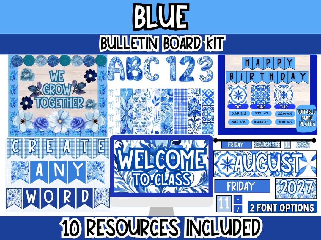 Blue Floral & Mosaic Bulletin Board Bundle | Editable Classroom Decor ...