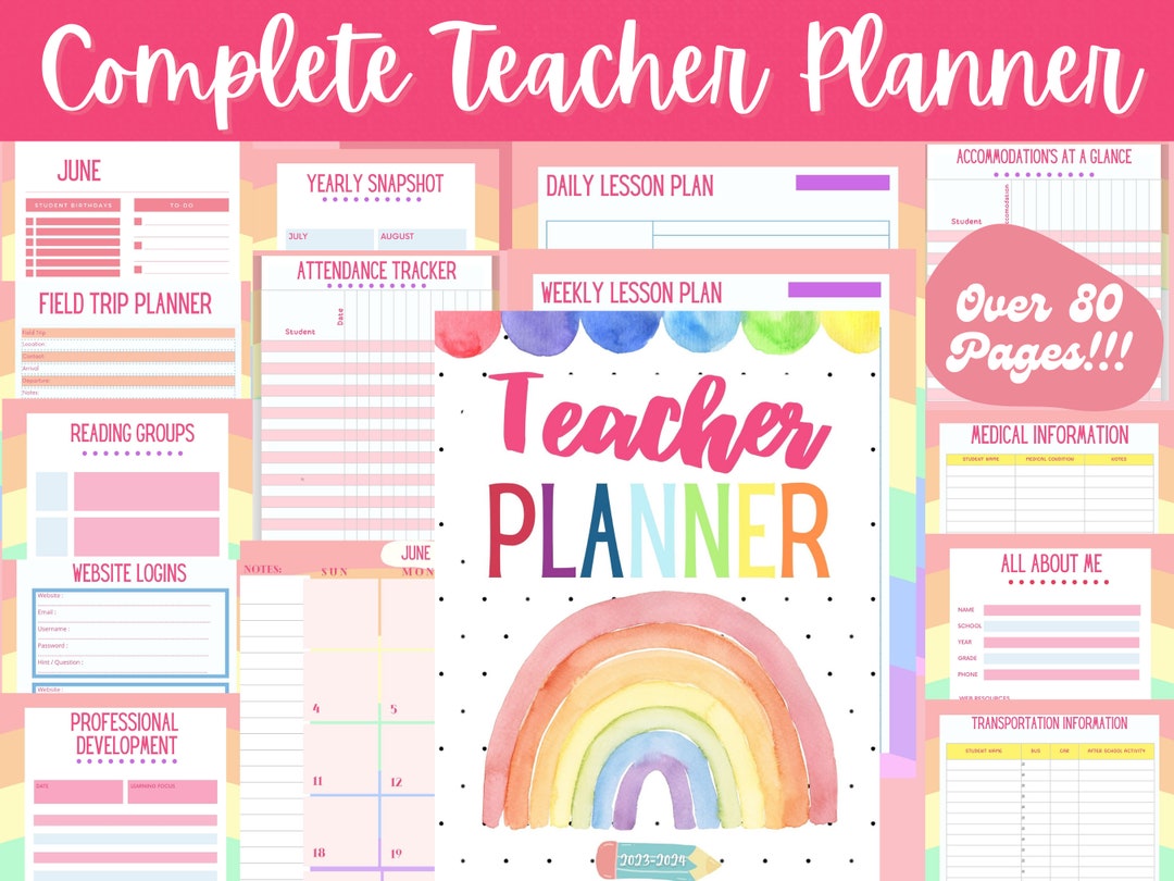 Rainbow Teacher Printable Planner 2023-2024 Academic Planner, Instant ...